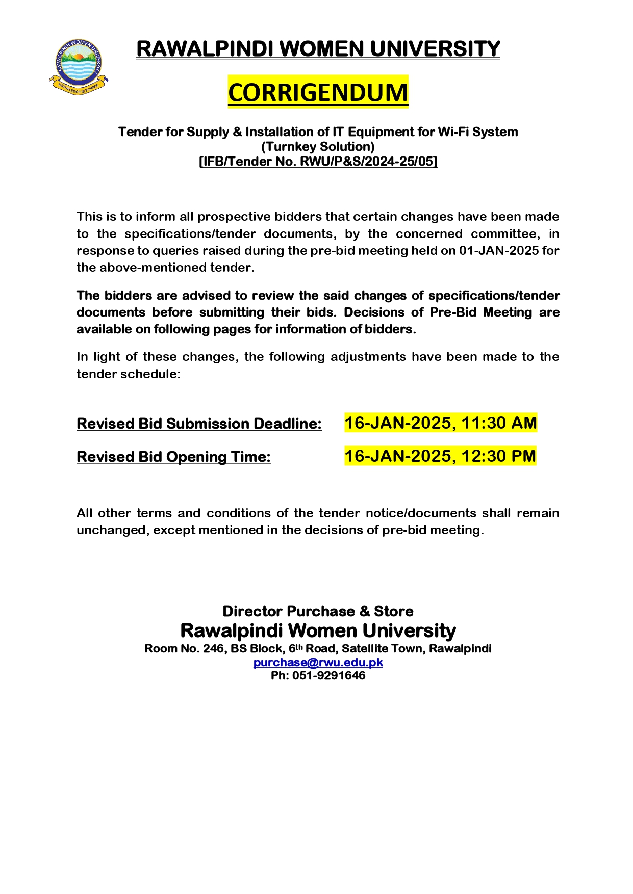 Supply & Installation of IT Equipment for Wi-Fi System (Turnkey Solution) – RWU.EDU.PK