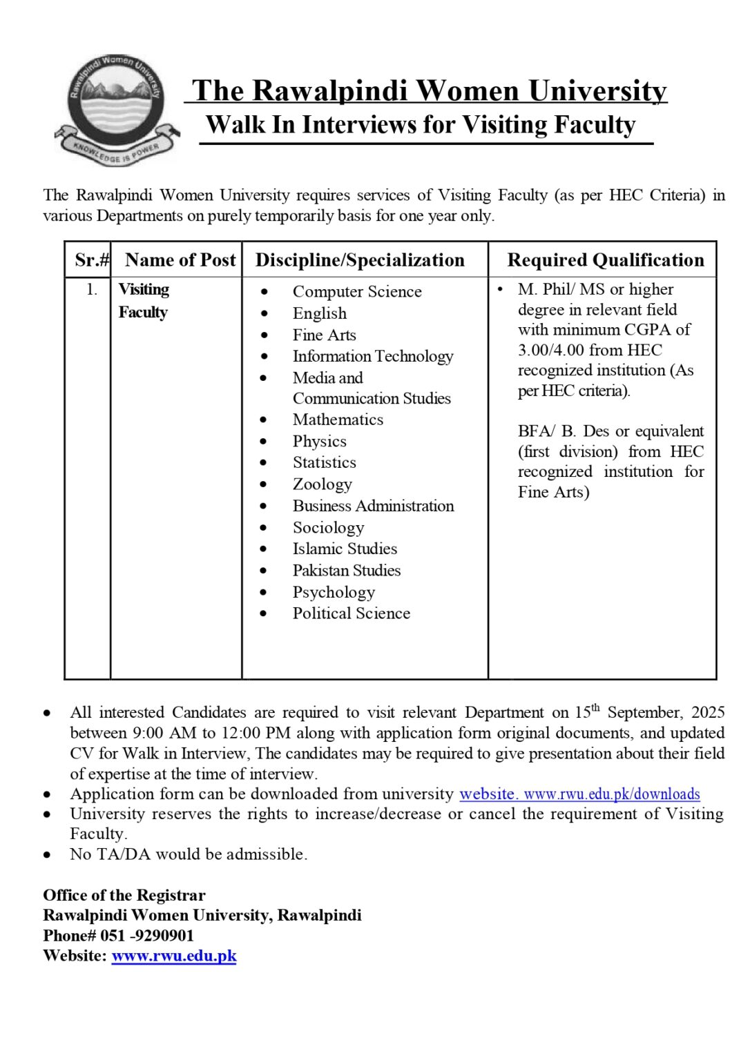 Walk In Interviews for Visiting Faculty – RWU.EDU.PK